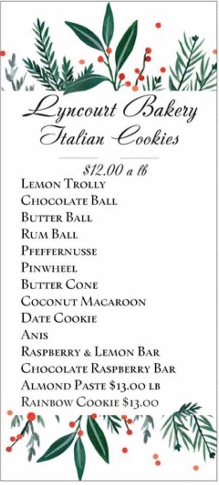 Menu at Lyncourt Bakery, Syracuse