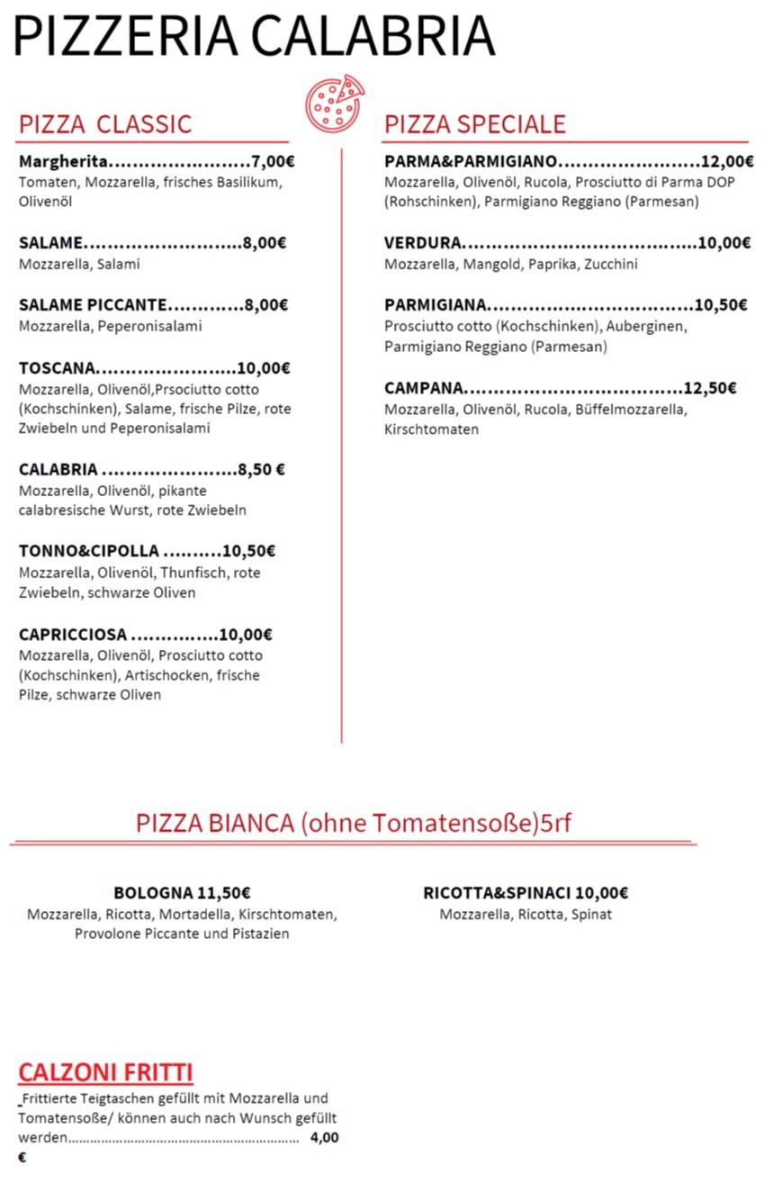 Speisekarte von Pizzeria Calabria, Braunfels