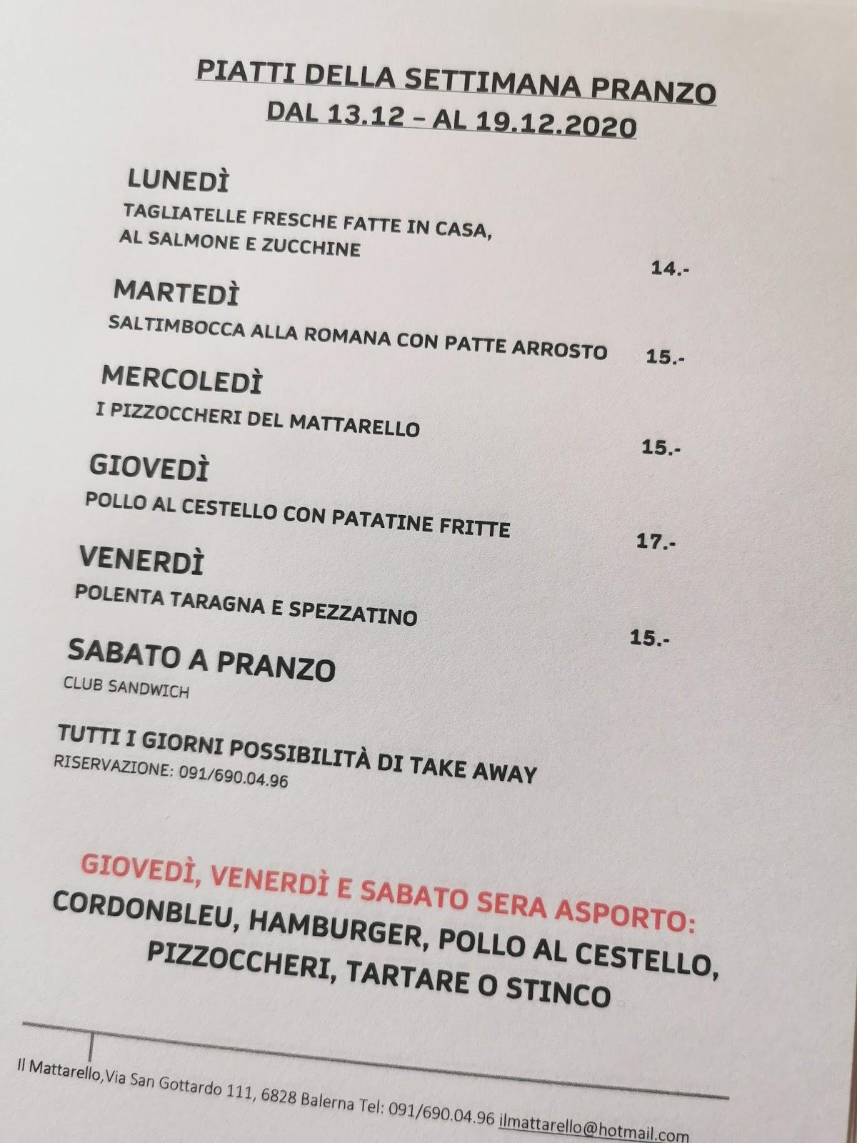 Menu da Ristorante Il Mattarello, Balerna