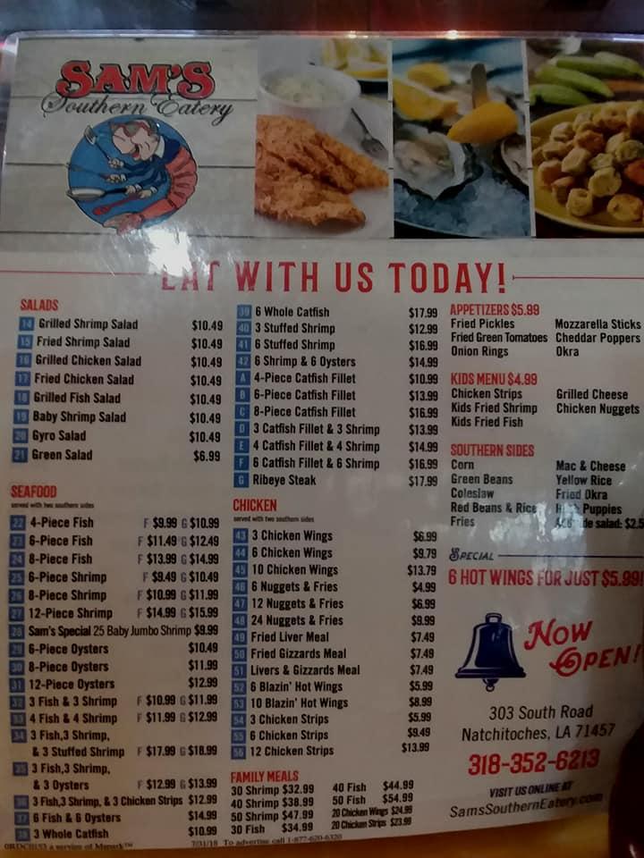 Menu at Sam's Southern Eatery restaurant, Natchitoches