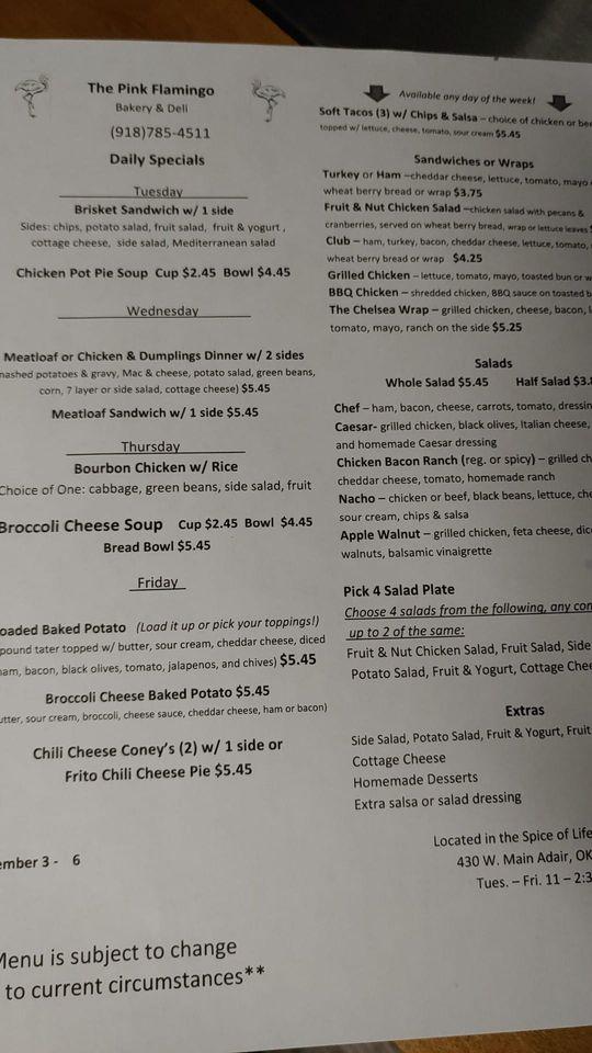 Menu at The Pink Flamingo restaurant, Adair, 430 W Main St