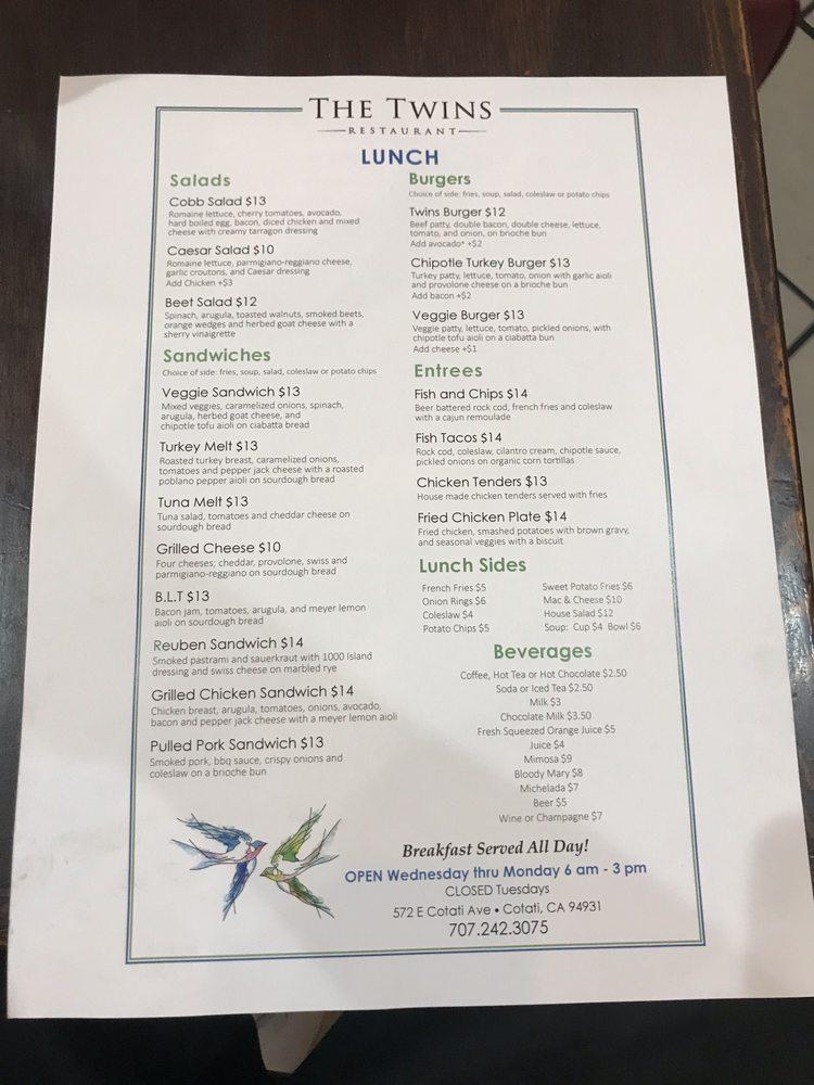 Menu at The Twins Restaurant, Cotati