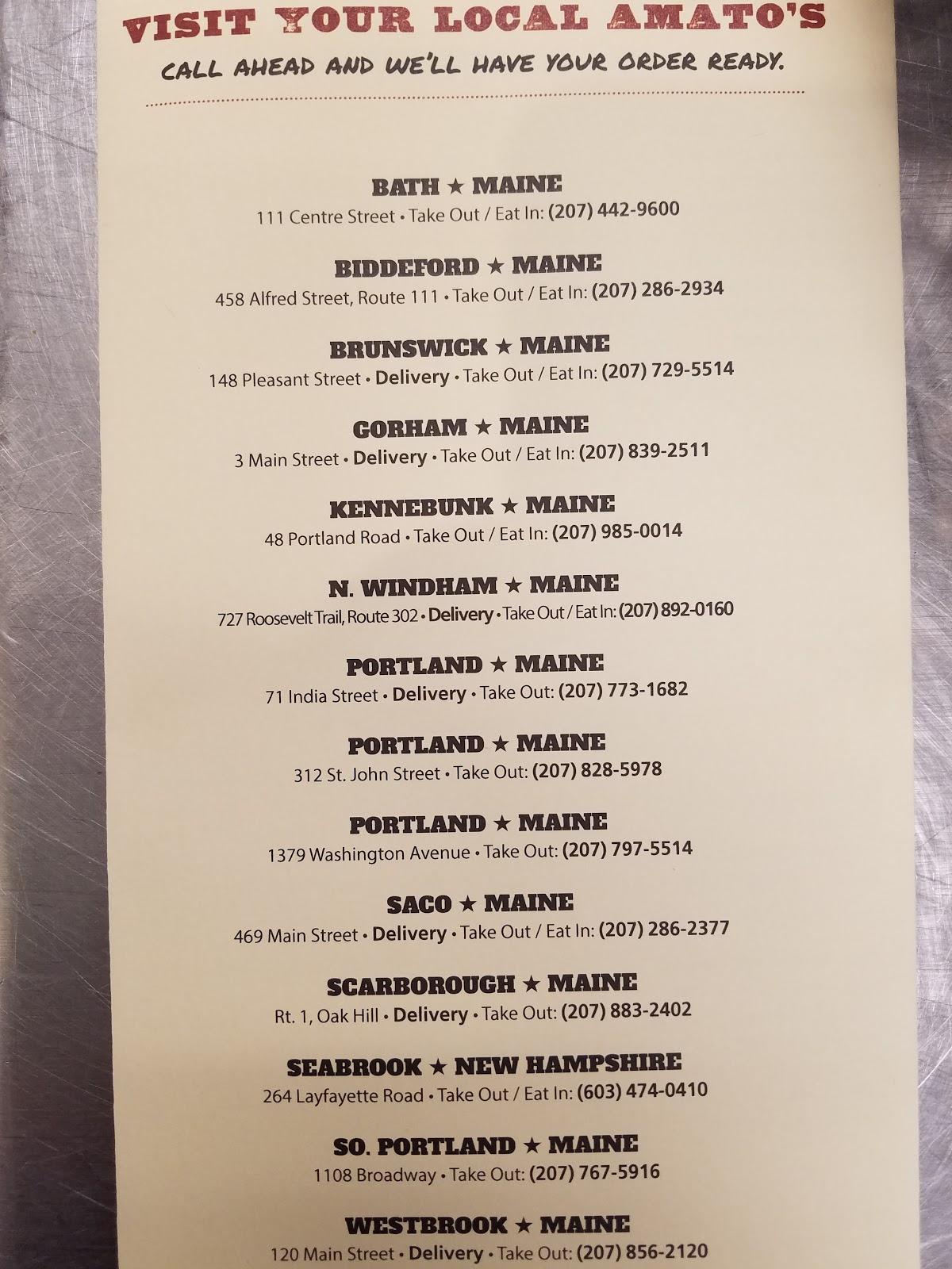 Menu at Amato's Sandwich Shops pizzeria, Biddeford, 458 Alfred Rd