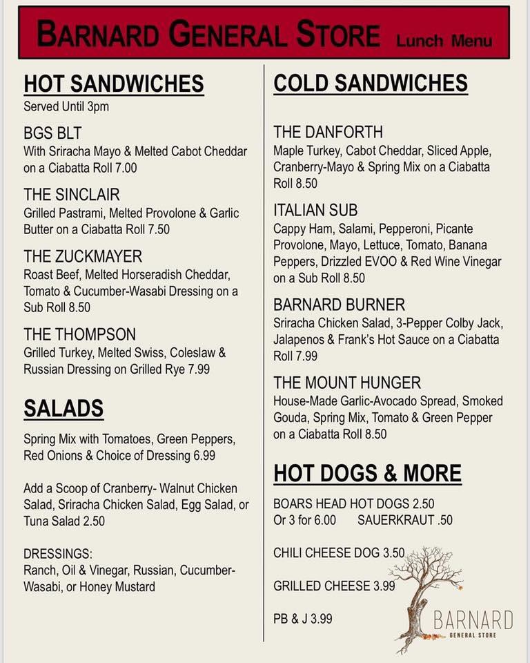 Menu at Barnard General Store, Barnard