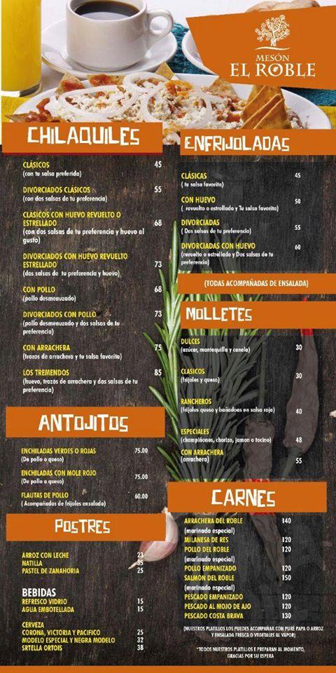 Menu at Meson el roble la casa del chilaquil restaurant, Zacatecas