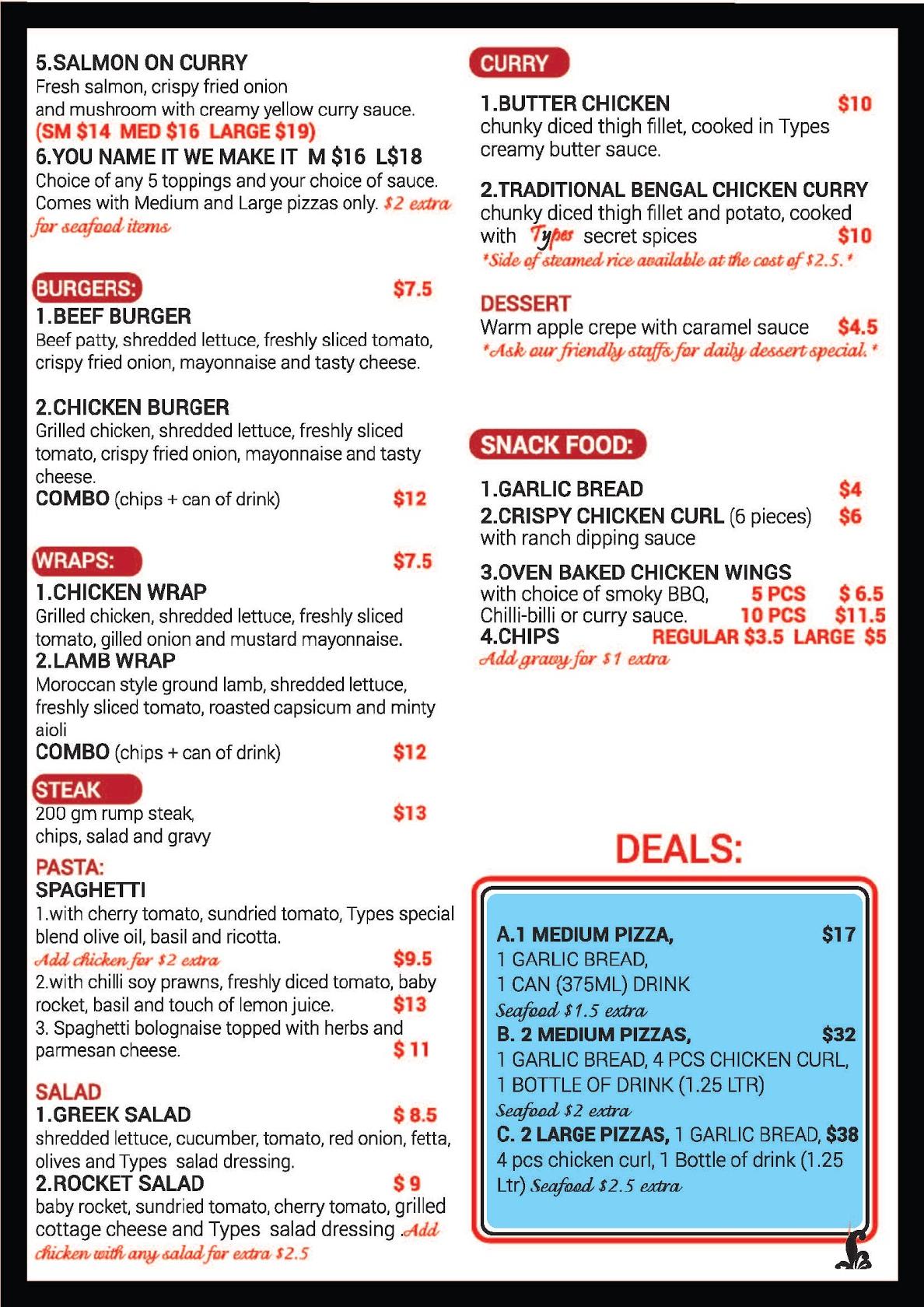 Menu at Types pizza pizzeria, Lakemba