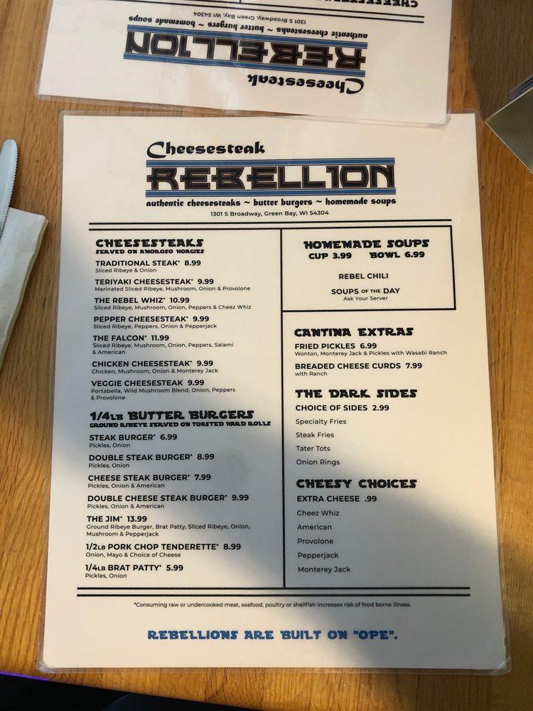 Menu at Cheesesteak Rebellion restaurant, Green Bay