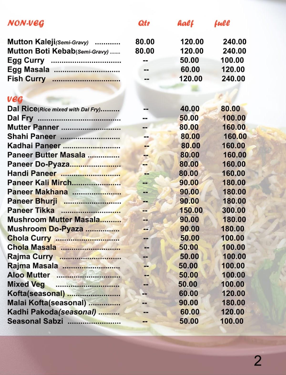 Menu at Dada Biryani Corner, Lucknow, Utrathia