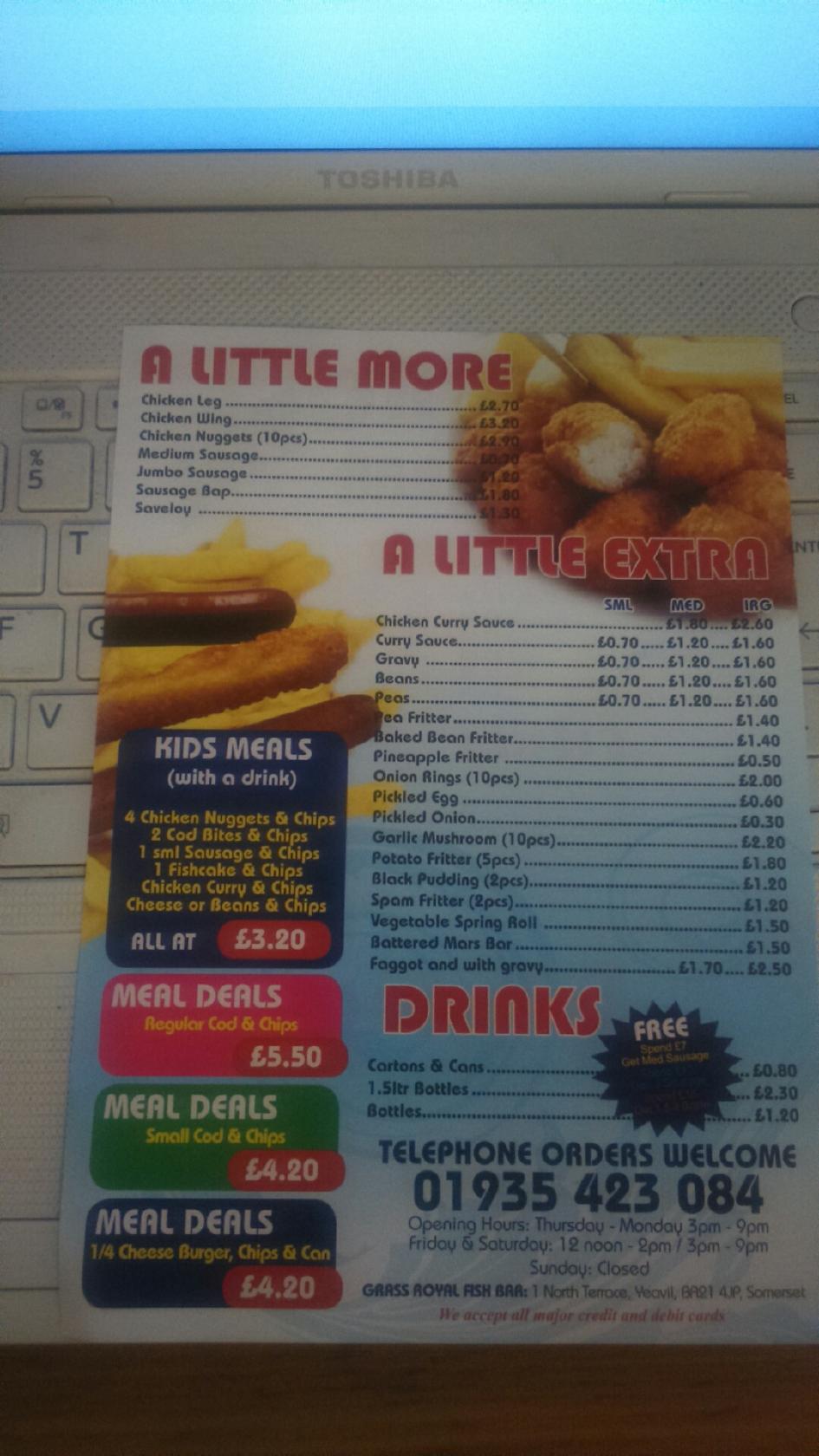 Menu at Grass Royal Fish Bar, Yeovil