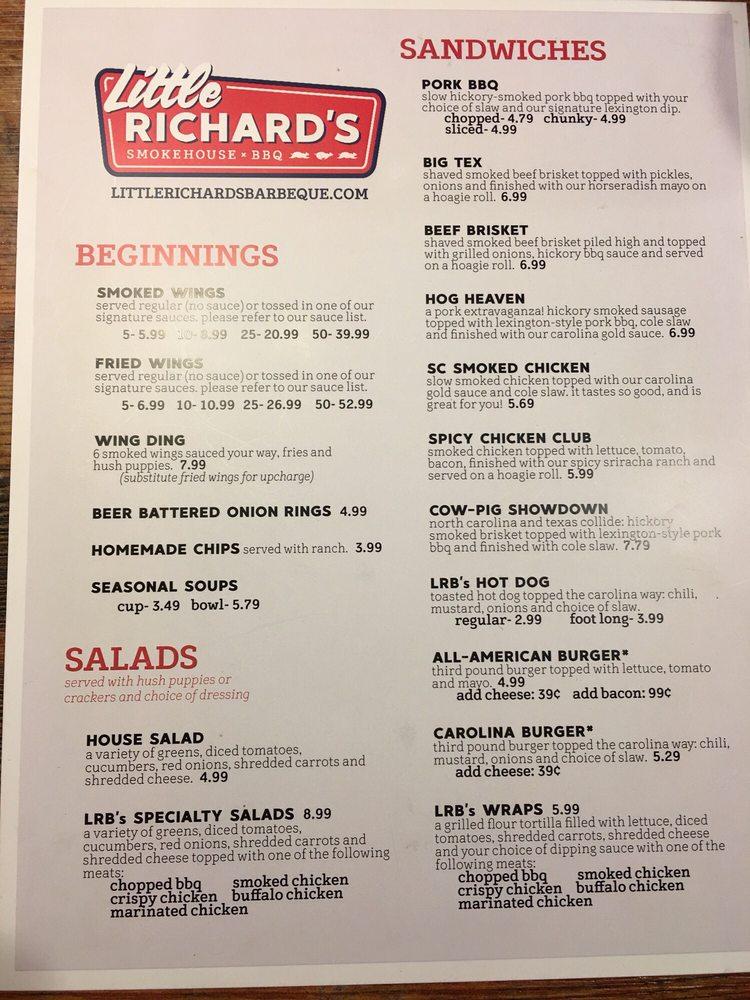 Menu at Little Richard's Bar-B-Que, Clemmons, Stadium Dr