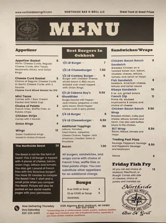 Menu at Northside Bar & Grill, Oshkosh