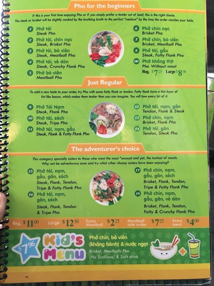 Menu at Pho 39 restaurant, Edmonton