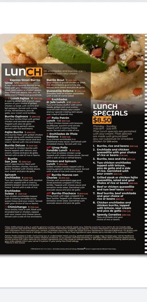 Menu at Plaza Azteca Mexican Restaurant · Norfolk Premium Outlets ...