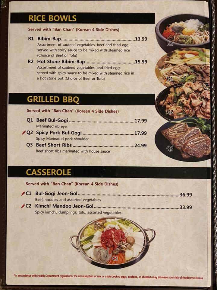 Menu at Pyung Chang Korean BBQ, Mount Vernon