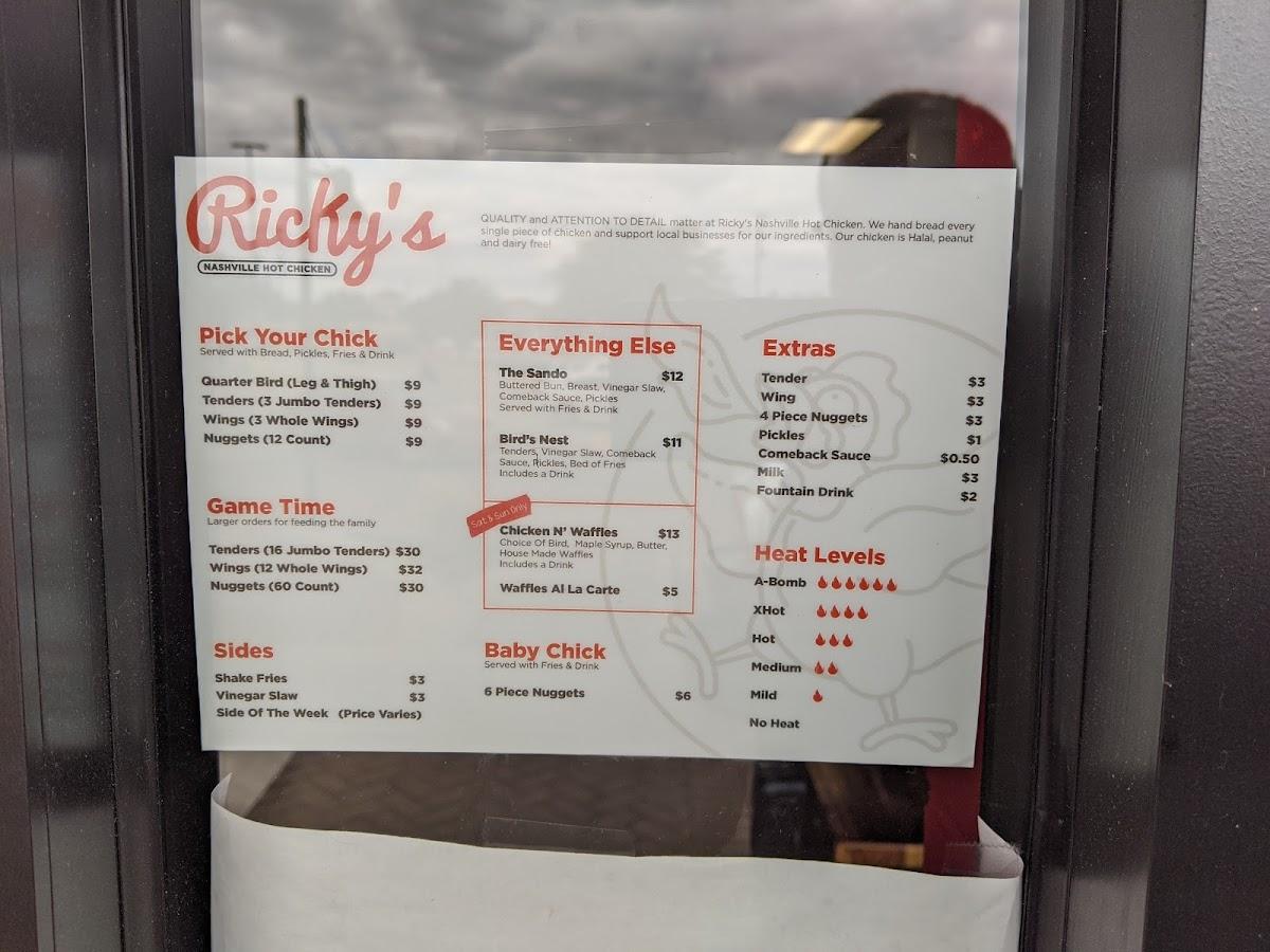 Menu at Ricky's Hot Chicken restaurant, Richardson