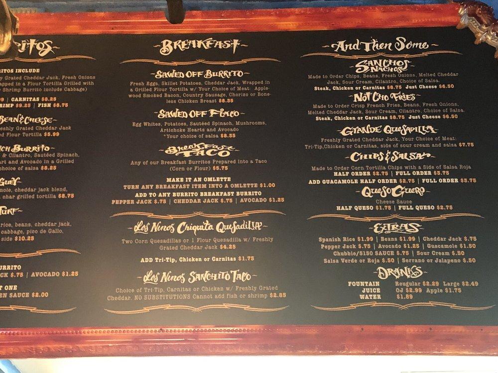 Menu at Sancho's Tacos restaurant, Laguna Niguel