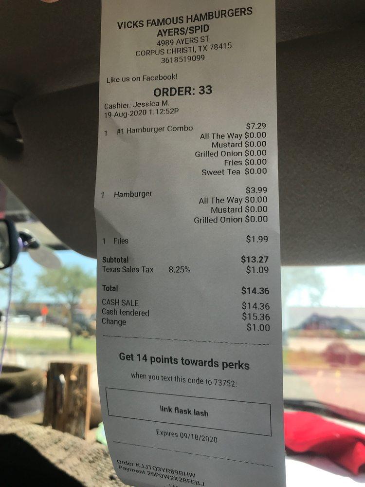 Menu at Vick's Famous Hamburgers restaurant, Corpus Christi, Ayers St