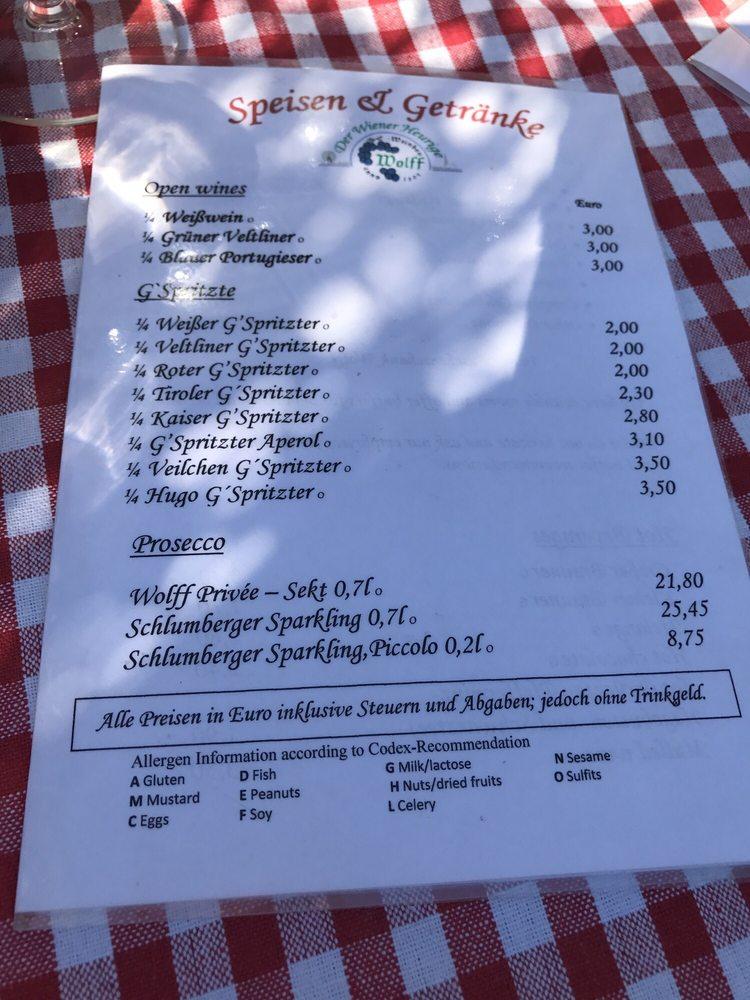 Menu at Heuriger Wolff pub & bar, Vienna
