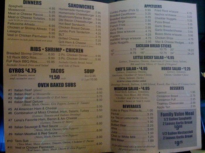 Menu at Alfano's Little Sicily pizzeria, Spring Valley