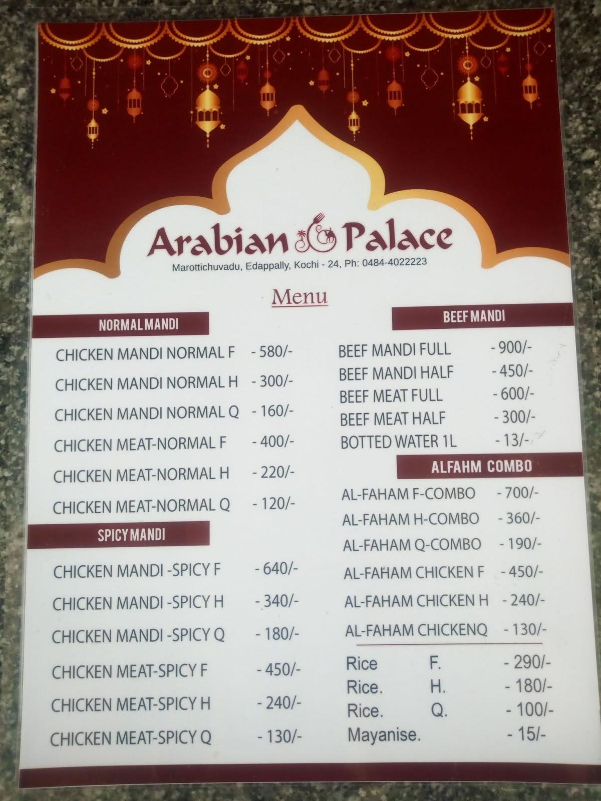 Menu at Arabian Palace Edappally, Kochi, Marottichodu