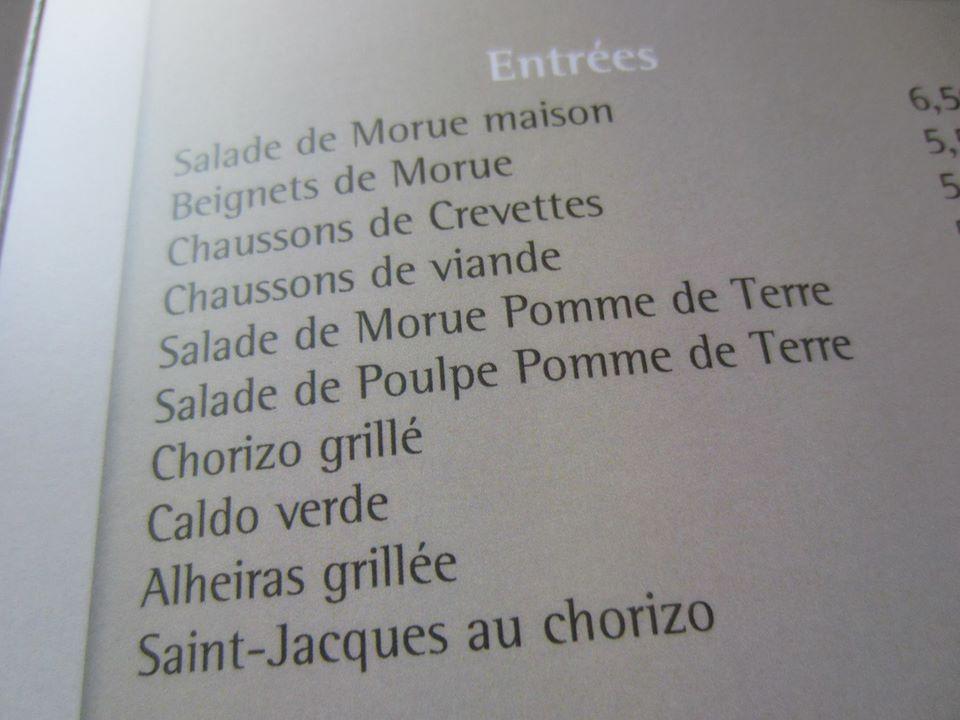 Menu at Escapade au Portugal restaurant, Tours
