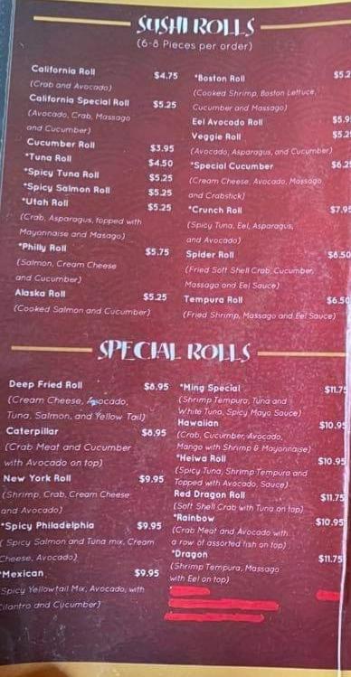Menu at Ming's Asian Fusion restaurant, Savannah