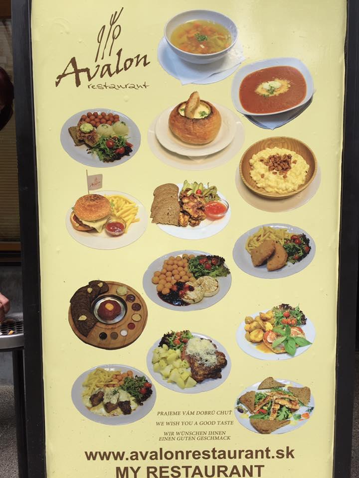 Menu at Avalon restaurant, Bratislava