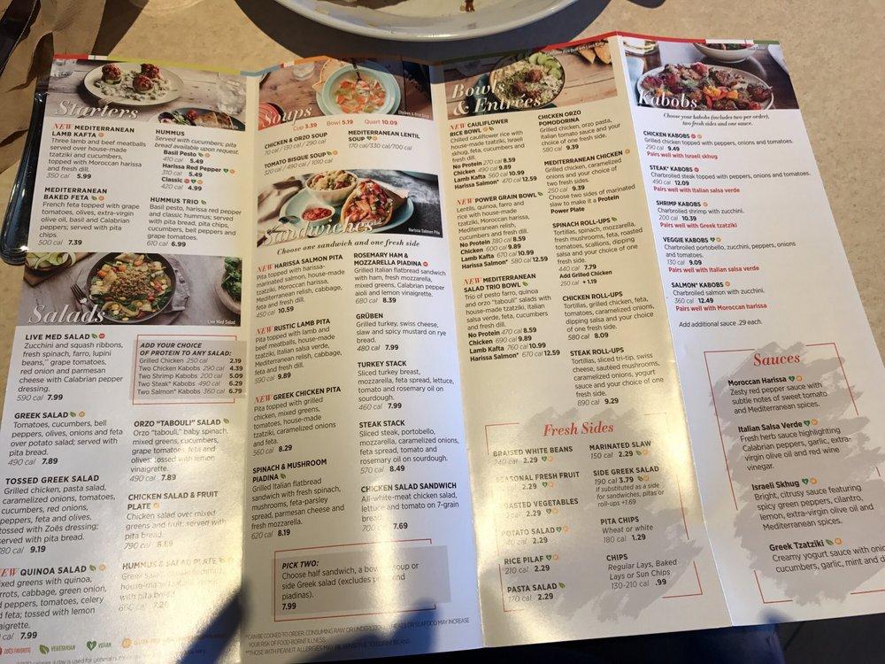 Menu at Zoës Kitchen restaurant, Winter Springs, Red Bug Lake Rd