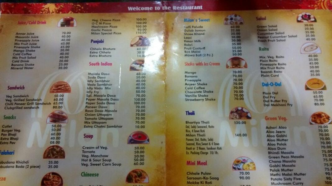 Menu at Milan Restaurant, Bhopal, 189 Maharana Pratap Nagar