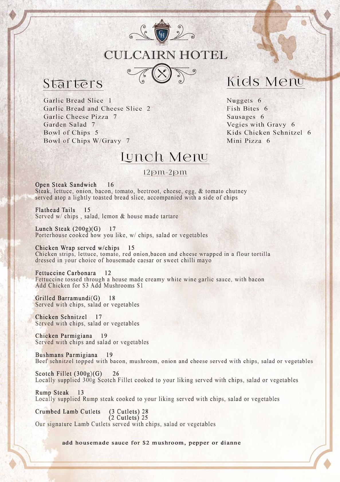 Menu at Culcairn Hotel restaurant, Culcairn