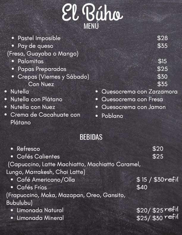 Menu at El Búho cafe, Gómez Palacio