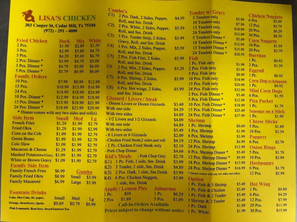 Menu at Lisa's Chicken restaurant, Cedar Hill, 303 W Cooper St