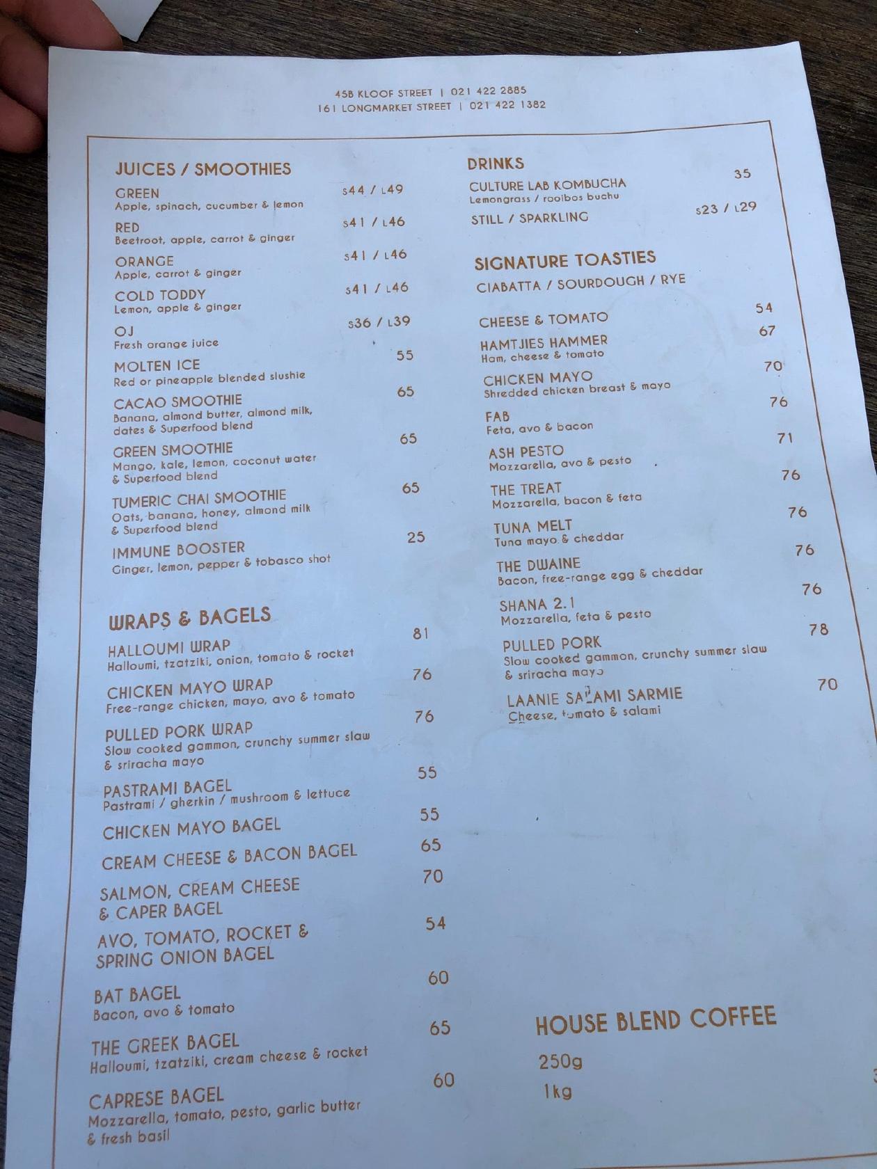 Menu at Molten Toffee. cafe, Cape Town, 45b Kloof St