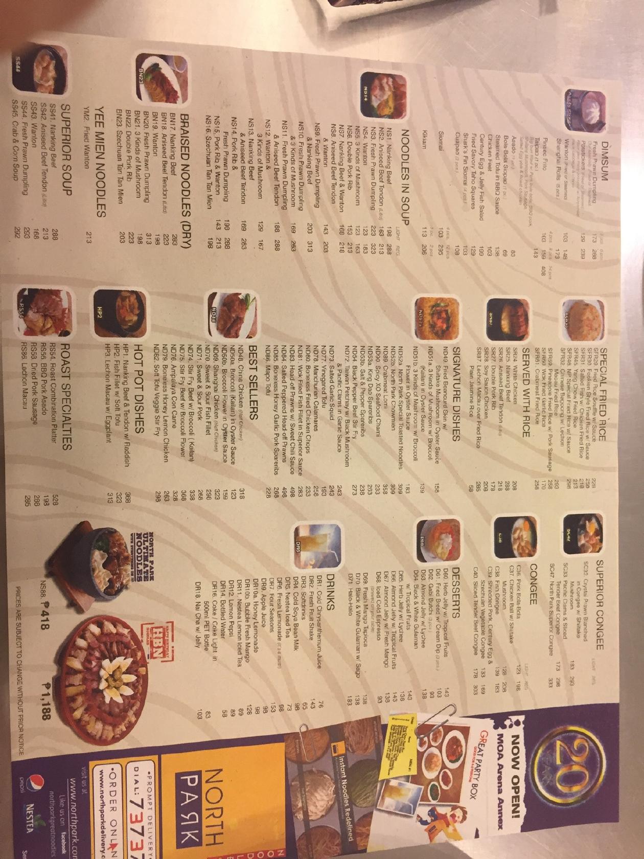 Menu at North Park Noodles restaurant, Biñan, Caltex SLEX South Hub