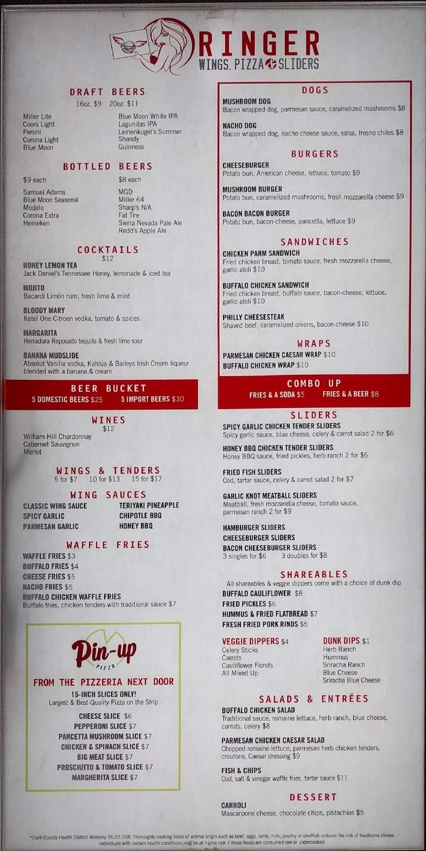 Menu at Ringer Bar, Las Vegas