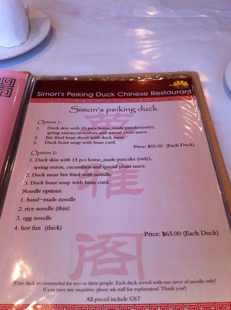 Menu at Simon's Peking Duck restaurant, Box Hill South
