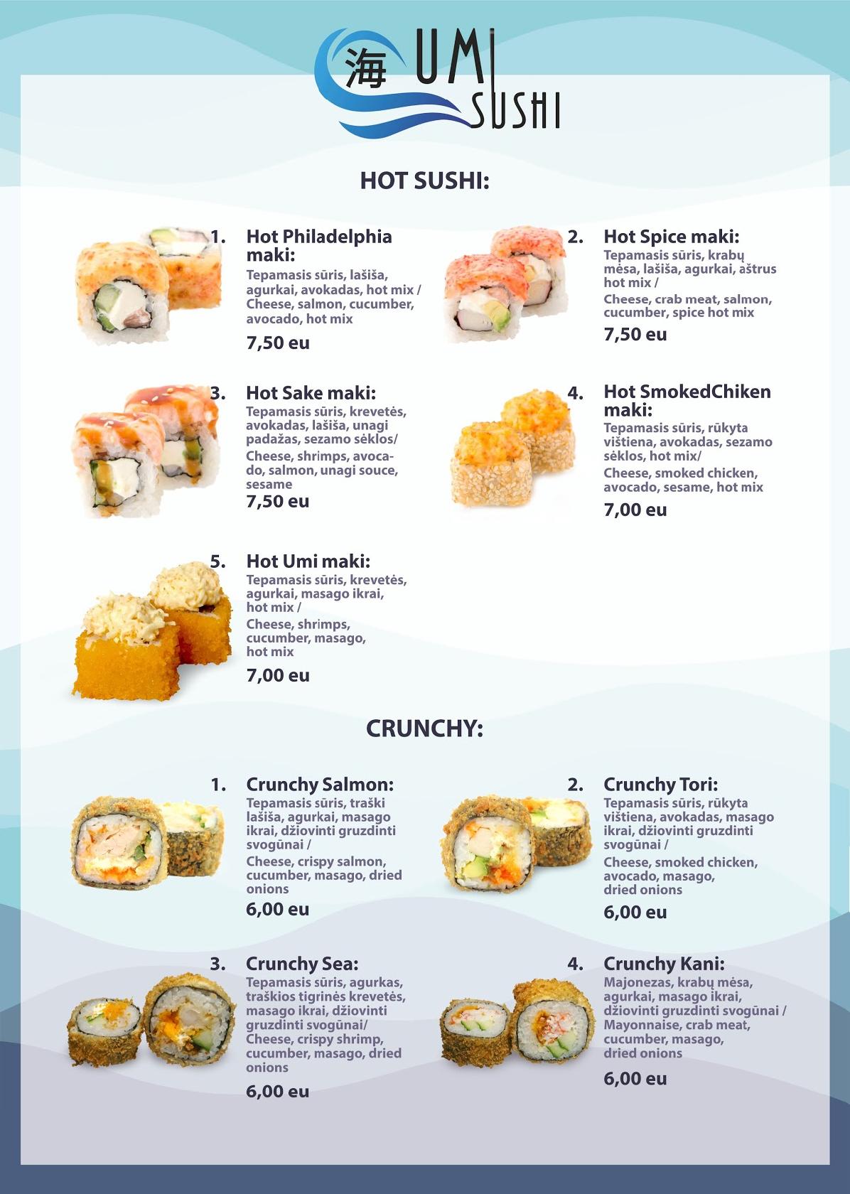 Menu at UMI Sushi restaurant, Vilnius