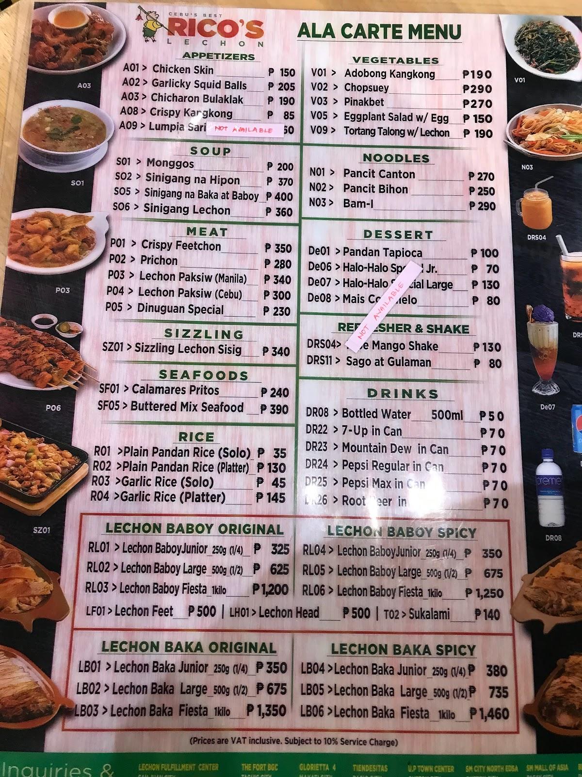 Carta del restaurante Rico's Lechon - Ayala Malls Circuit, Makati