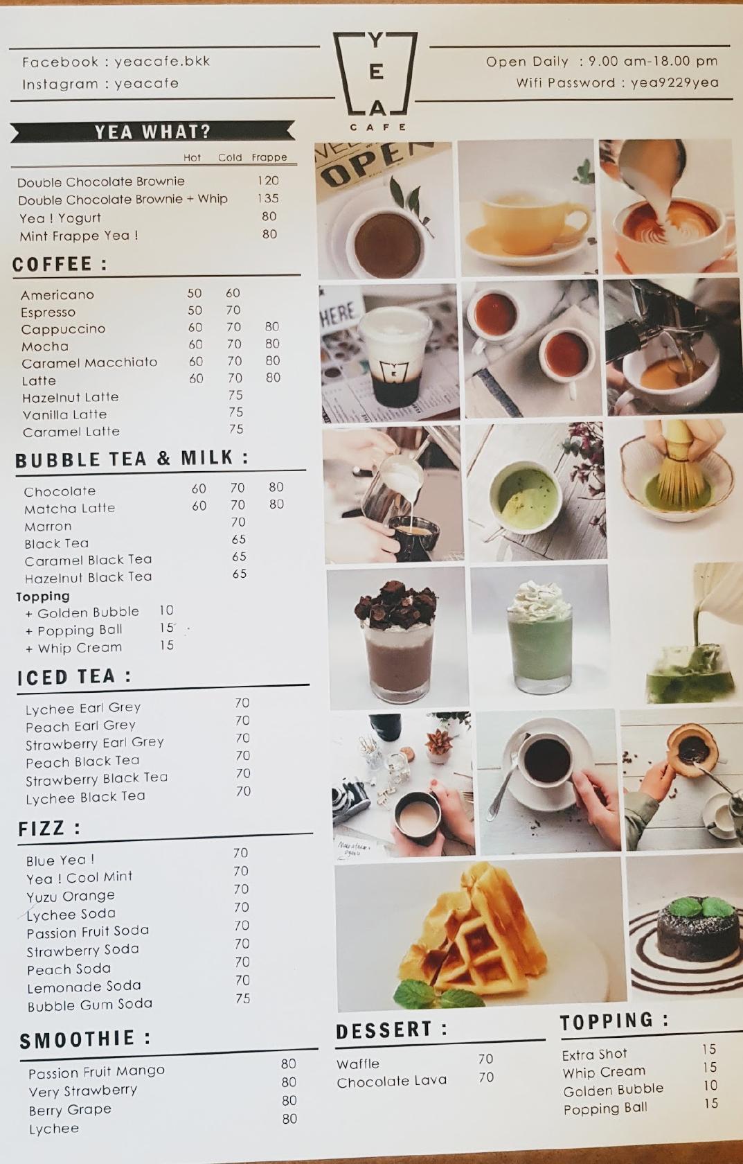 Menu at YEA Cafe, Bangkok