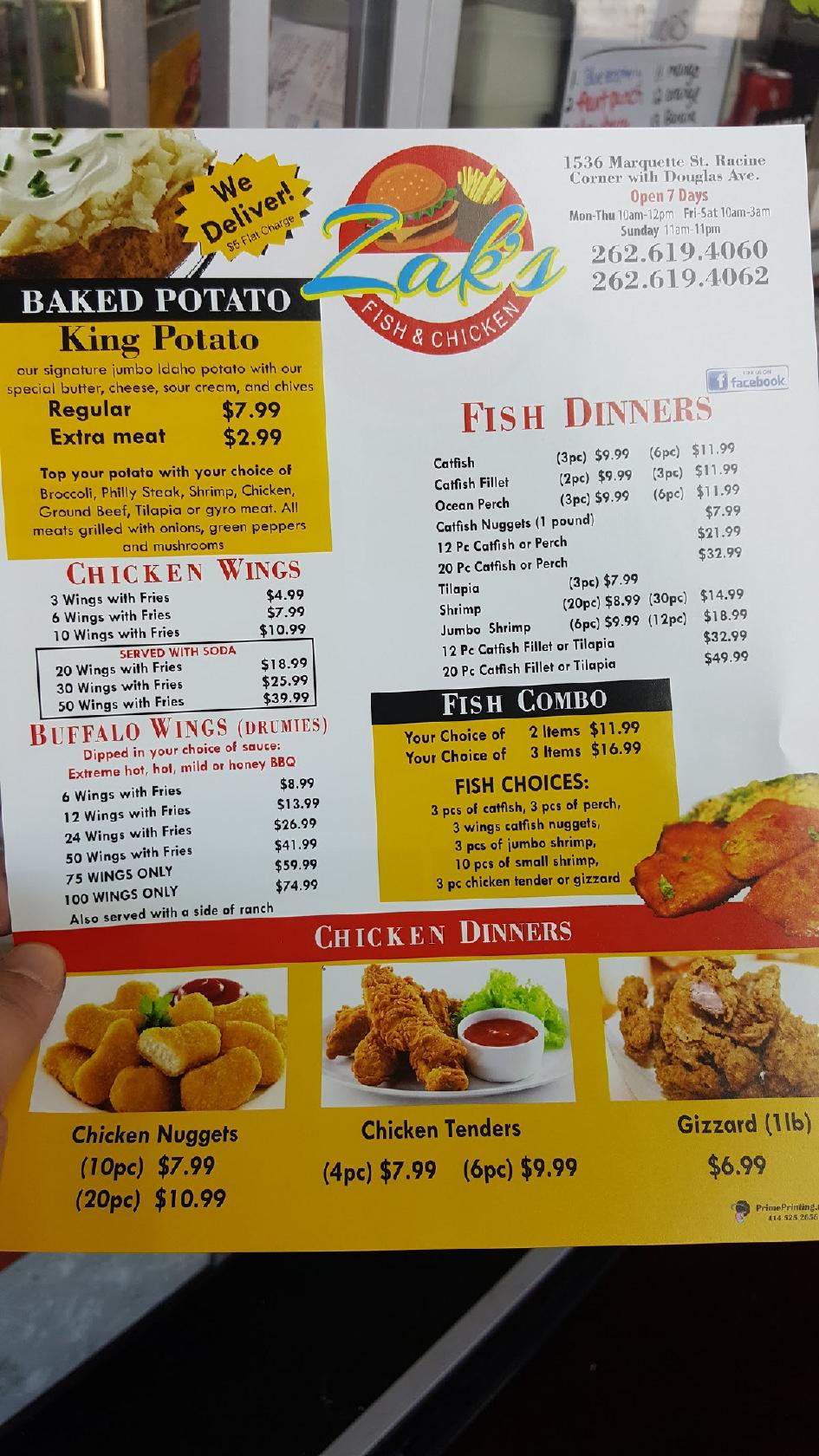 Menu at Zak’s Fish & Chicken 2 restaurant, Racine