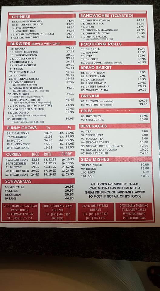 Menu at Cafe Medina, Durban, Shop No. 4