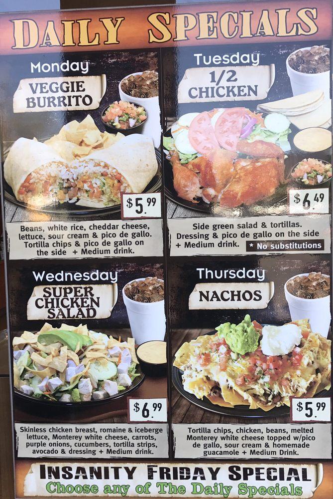 Menu at Juan's Super Pollo restaurant, Irwindale