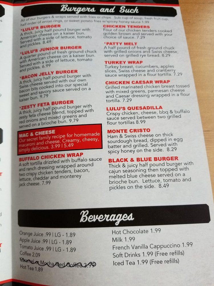 Menu at LuLu's Diner restaurant, Lima, Bellefontaine Ave