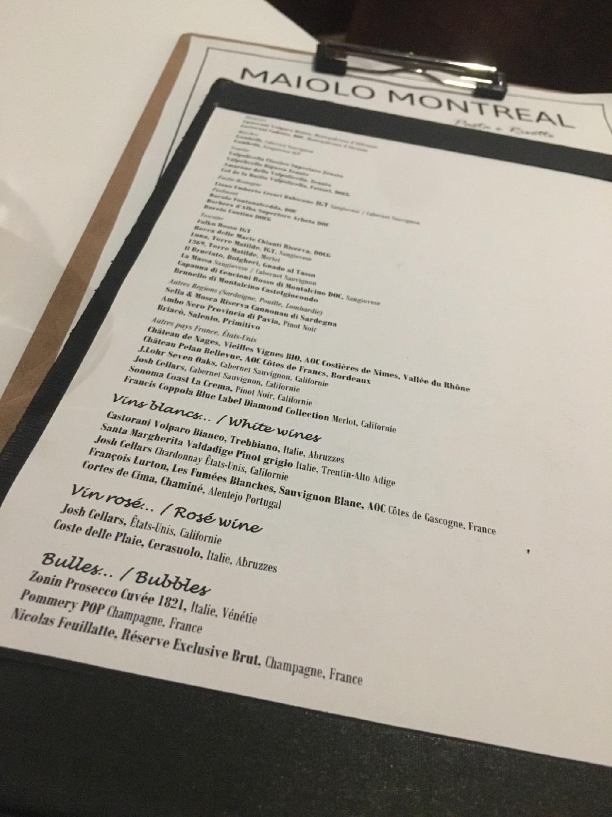 Menu at Maiolo Montreal restaurant, Montreal