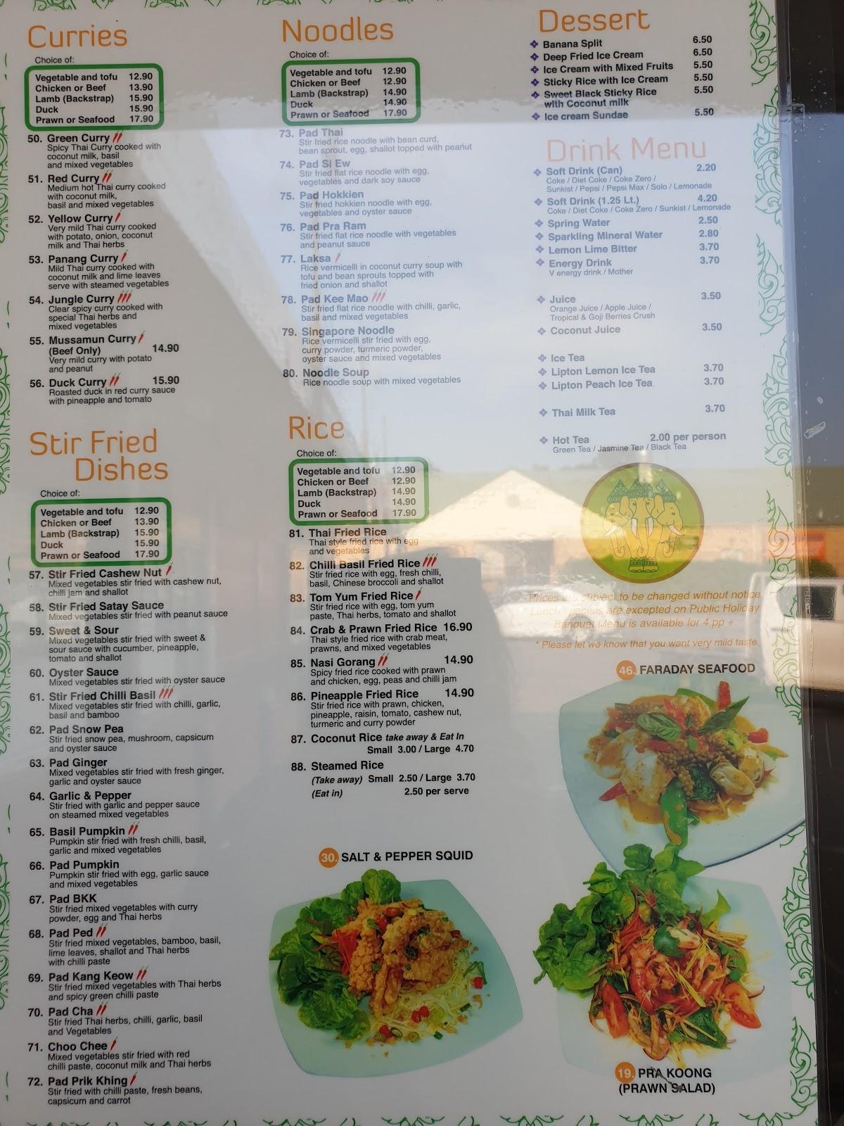 Menu at Thai Elephant restaurant, Milperra