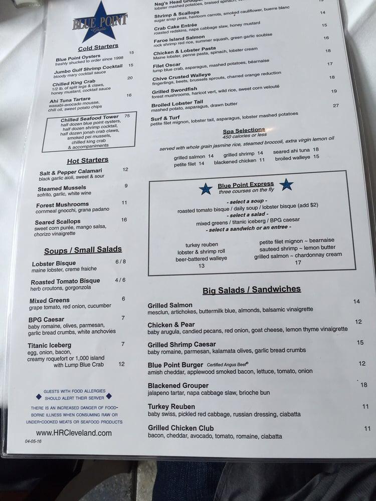 Menu at Blue Point Grille restaurant, Cleveland