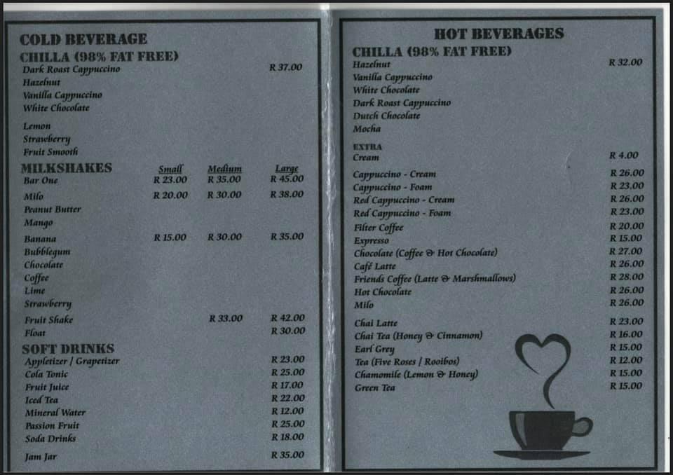 Menu at Friends restaurant, Hartswater