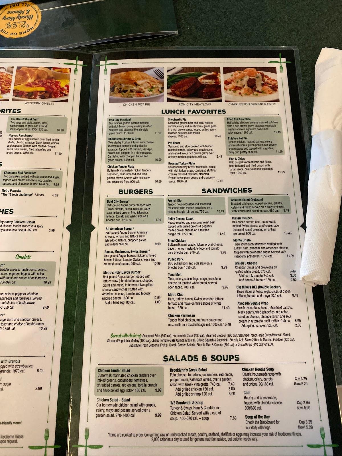 Menu at Metro Diner restaurant, Tampa