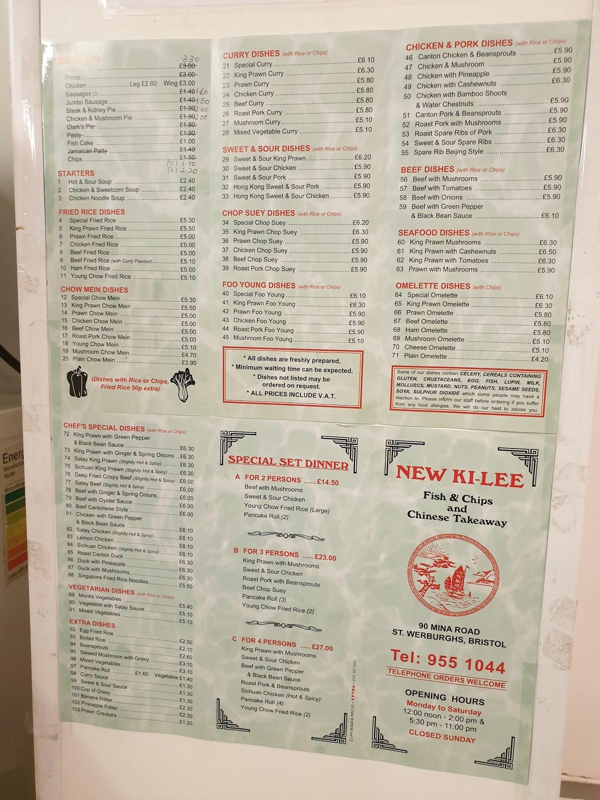 Menu at New Ki-Lee Fish Bar, Bristol