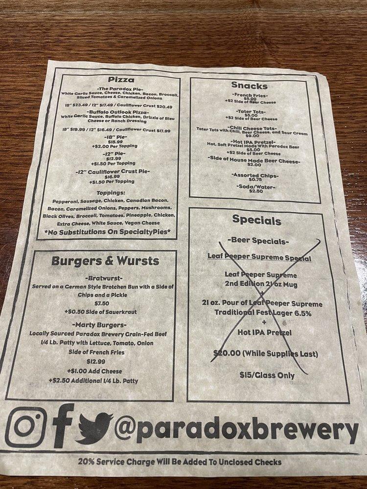 Menu at Paradox Brewery pizzeria, USA, US-9